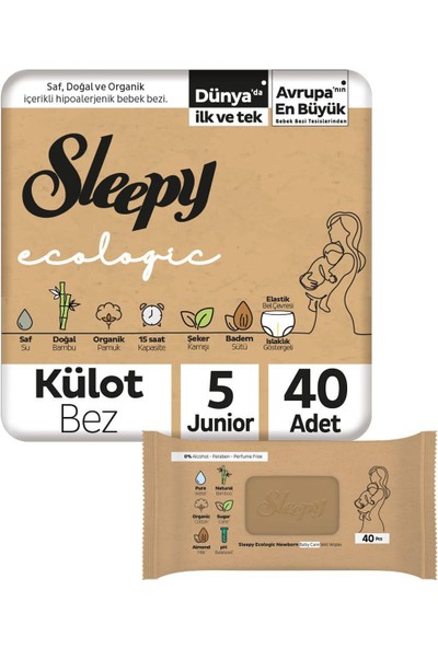 Sleepy Ecologic Külot Bez 5 Numara Junior 40'lı + Yenidoğan Islak Bebek Bakım Havlusu Sleepy Ecologic Külot Bez 5 Numara Junior 40'lı + Yenidoğan Islak Bebek Bakım Havlusu