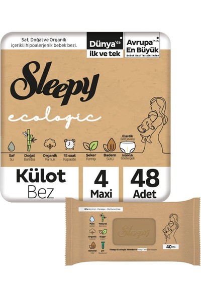 Sleepy Ecologic Külot Bez 4 Numara Maxi 48'li + Yenidoğan Islak Bebek Bakım Havlusu Sleepy Ecologic Külot Bez 4 Numara Maxi 48'li + Yenidoğan Islak Bebek Bakım Havlusu
