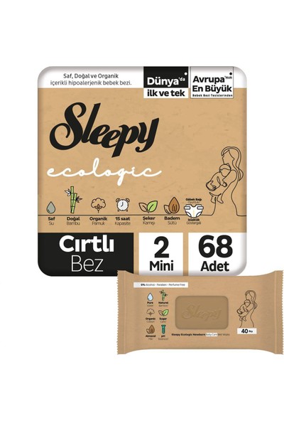 Sleepy Ecologic Bebek Bezi 2 Numara Mini 68'li + Yenidoğan Islak Bebek Bakım Havlusu Sleepy Ecologic Bebek Bezi 2 Numara Mini 68'li + Yenidoğan Islak Bebek Bakım Havlusu