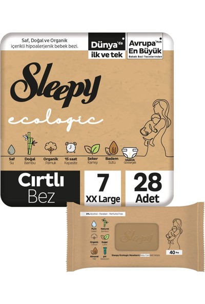 Sleepy Ecologic Bebek Bezi 7 Numara Xxlarge 28'li + Yenidoğan Islak Bebek Bakım Havlusu Sleepy Ecologic Bebek Bezi 7 Numara Xxlarge 28'li + Yenidoğan Islak Bebek Bakım Havlusu
