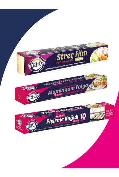 Vindex Streç Film 100M + Alüminyum Folyo 15M + Pişirme Kağıdı Kesilmiş 10'lu Vindex Streç Film 100M + Alüminyum Folyo 15M + Pişirme Kağıdı Kesilmiş 10'lu