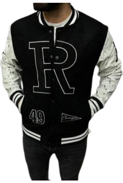Rocqerx Siyah Unisex Regular Deri Kol x Baskı Detaylı Tam Baskı Kolej Ceket R - 49 Rocqerx Siyah Unisex Regular Deri Kol x Baskı Detaylı Tam Baskı Kolej Ceket R - 49