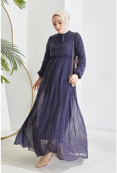 inStyle Ramona Çıtır Desen Piliseli Şifon Elbise - Lacivert