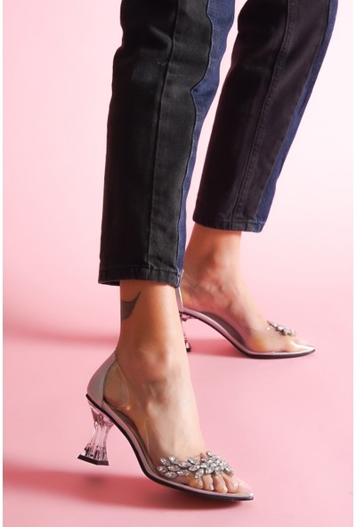 Divolya Sindirella Gümüş Şeffaf Topuklu Taş Aksesuarlı Günlük Topuklu Ayakkabı