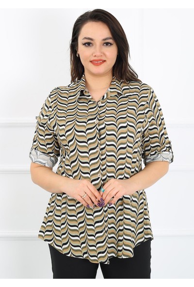 By Alba Collection Kadın Haki Ebru Desen Pamuk Viskon Büyük Beden Gömlek By Alba Collection Kadın Haki Ebru Desen Pamuk Viskon Büyük Beden Gömlek