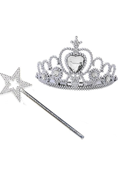 Metalize Gümüş Kalp Prenses Tacı ve Metalize Prenses Yıldız Asa