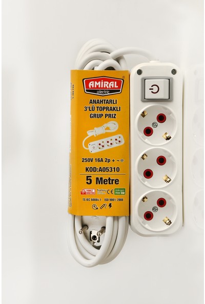 Amiral 3'lü Grup Priz Anahtarlı Uzatma Ara Kablosu