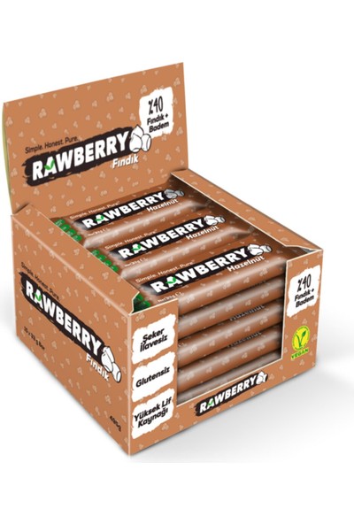 Rawberry Fındıklı Şeker Ilavesiz Vegan Glütensiz Kuruyemiş Bar Kutuda 15 Adet Rawberry Fındıklı Şeker Ilavesiz Vegan Glütensiz Kuruyemiş Bar Kutuda 15 Adet
