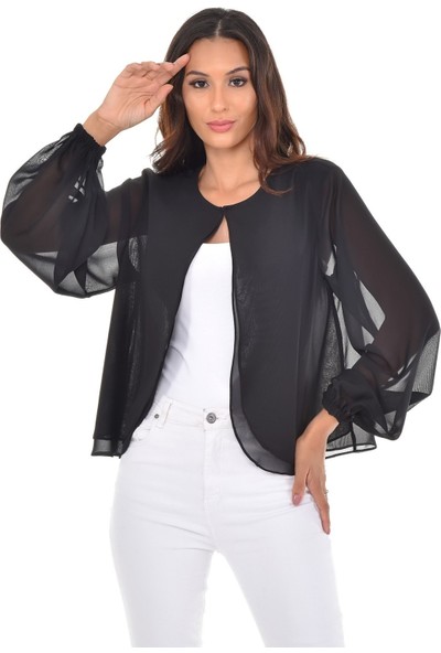 Disentis Modest Yuvarlak Yaka Uzun Kollu Önü Çift Kat Kol Ağzı Lastikli Şifon Siyah Bolero