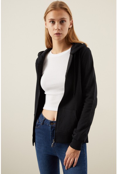 Modassa Kadın Siyah Kapüşonlu Kanguru Cep Fermuarlı Sweatshirt