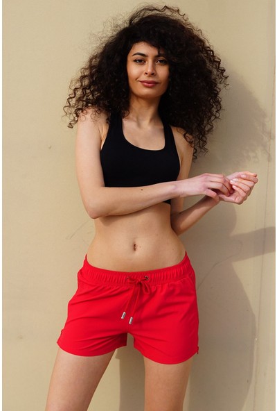 C&city Kadın Likralı Yan Fermuarlı Deniz Şort C1816 Kırmızı