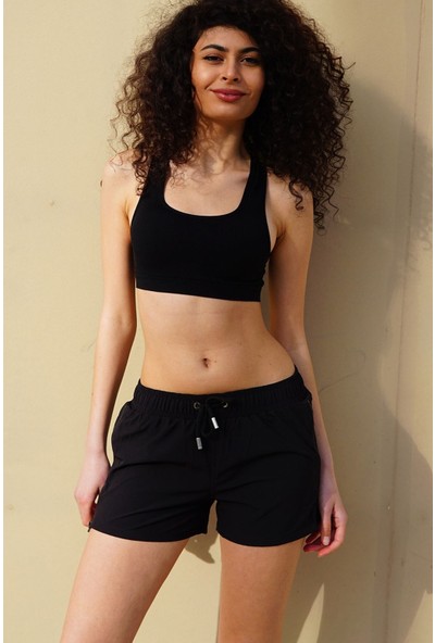 C&city Kadın Likralı Yan Fermuarlı Deniz Şort C1816 Siyah