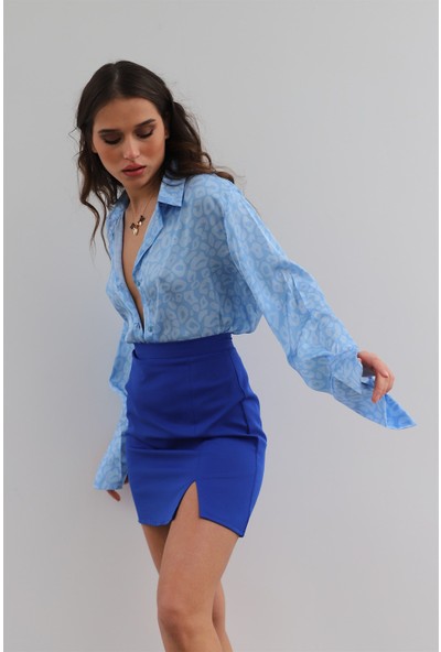 Eka Kadın Saks Yırtmaçlı Kısa Etek 0999-22022