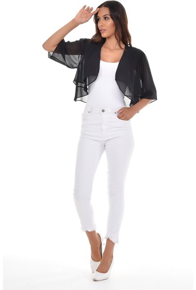 Disentis Modest Kısa Kollu Önü Çift Kat Robalı ve Pileli Şifon Siyah Kadın Bolero