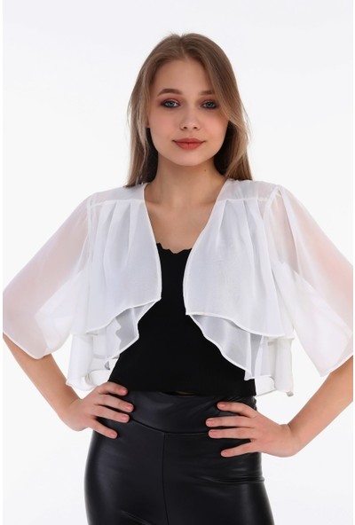 Disentis Modest Kısa Kollu Önü Çift Kat Robalı ve Pileli Şifon Beyaz Kadın Bolero