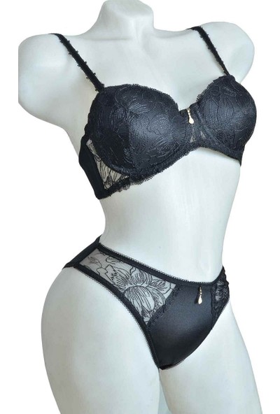 Trend Consept Kadın Süngerli Dolgusuz Brode Kaplı Sütyen Külot Takım Le Jardin 5155 Siyah