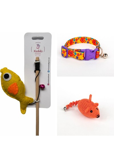 Kedido Kedi Oltası Kedi Tasması Amigurumi Oyuncak Seti 3'lü - Sarı