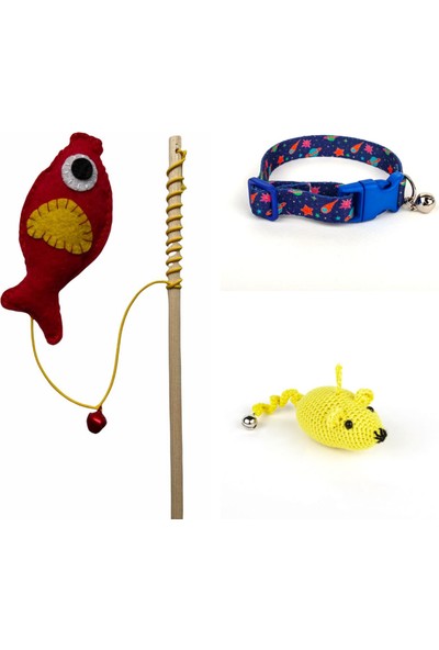 Kedido Kedi Oltası Kedi Tasması Amigurumi Oyuncak Seti 3'lü - Kırmızı