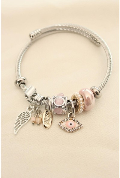 Clariss Minimal Kanat ve Pembe Göz Figürlü Taşlı Charm Bilezik