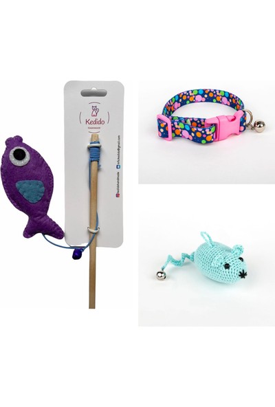 Kedido Kedi Oltası Kedi Tasması Amigurumi Oyuncak Seti 3'lü - Mor