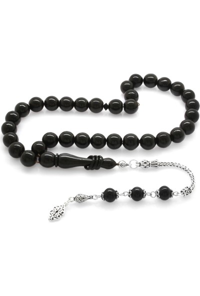 Nipora 925 Ayar Gümüş Püsküllü Küre Kesim Siyah Kuka Tesbih