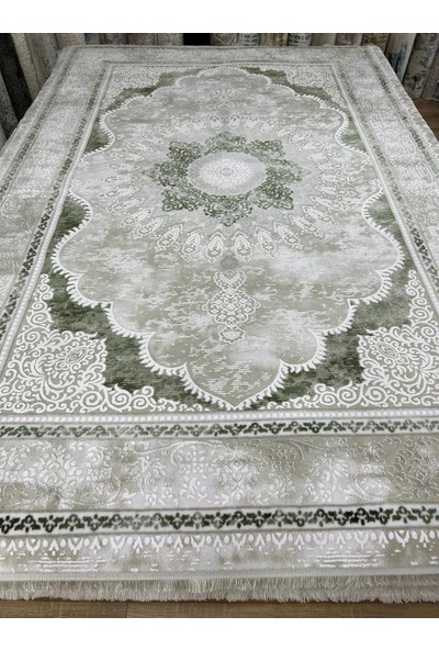 Romans Halı Leona 2101A Yeşil Yün Tuşeli Göbekli Klasik Halı