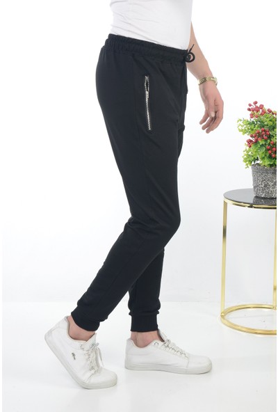 Erkek Denim Pamuk Siyah Eşofman Altı Paça Manşetli Metal Fermuarlı