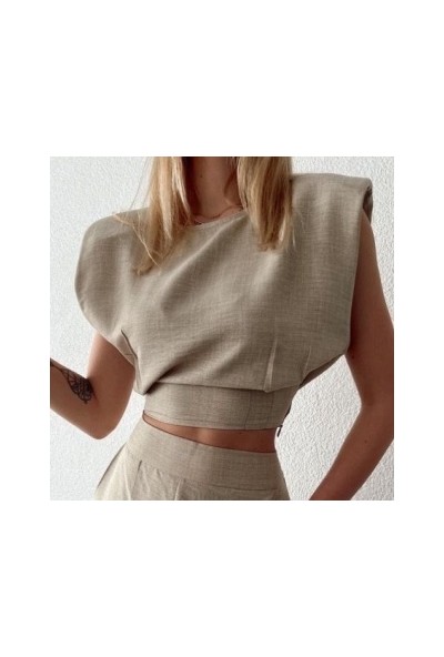 Liora Krem Vatkalı Bisiklet Yaka Crop Bluz