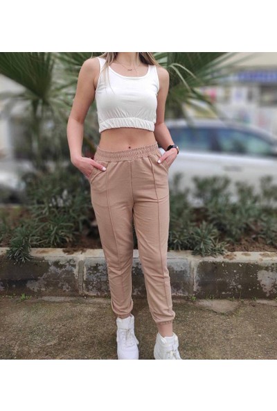 Bej Renk Cepli Lastik Bel Jogger Eşofman Altı