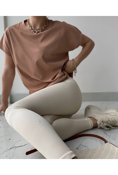 Liora Bej Fitilli Çizgili Yüksek Bel Tayt Liora Bej Fitilli Çizgili Yüksek Bel Tayt