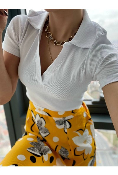 Liora Beyaz Ribanalı Polo Yaka Kısa Kol Üst Tshirt