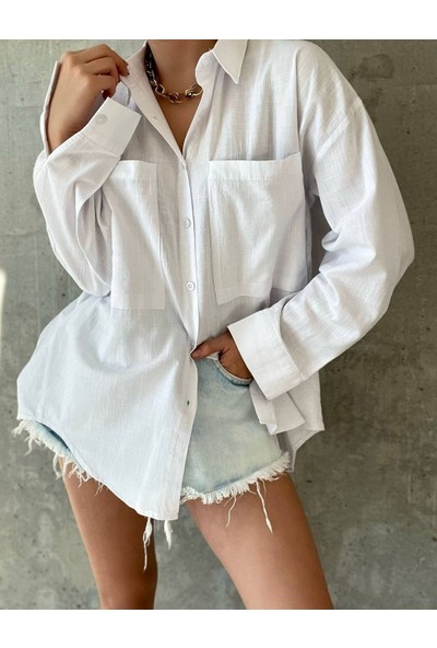 Ekru Çift Cepli Keten Gömlek