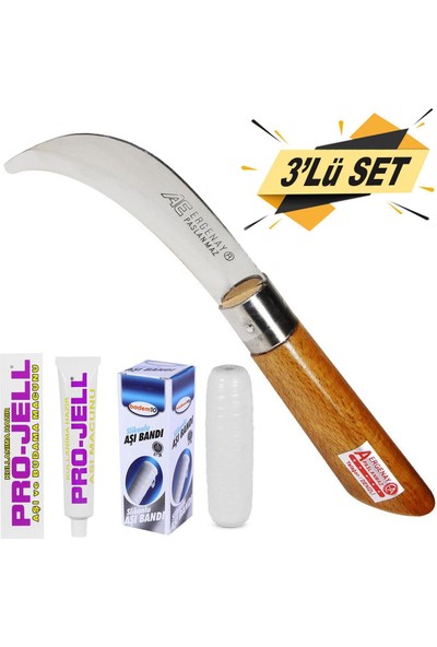 Ergenay Aşı Bıçağı Eğri Uçlu Bağ Bıçağı + Aşı Bandı + Aşı Macunu (3'lü Set) Ergenay Aşı Bıçağı Eğri Uçlu Bağ Bıçağı + Aşı Bandı + Aşı Macunu (3'lü Set)