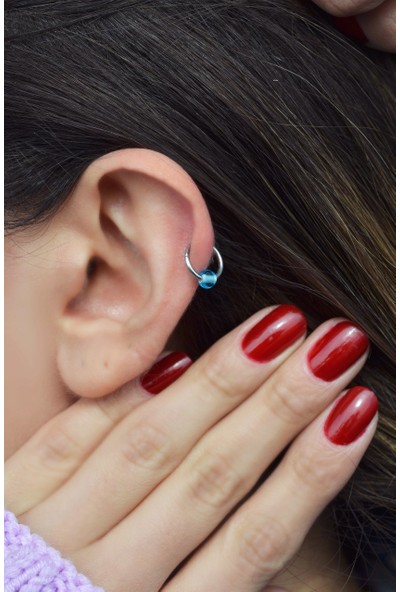 Sacce Scarves&Accessories Mavi Boncuklu Çelik Düz Halka Tragus Piercing Helix Kıkırdak Küpesi