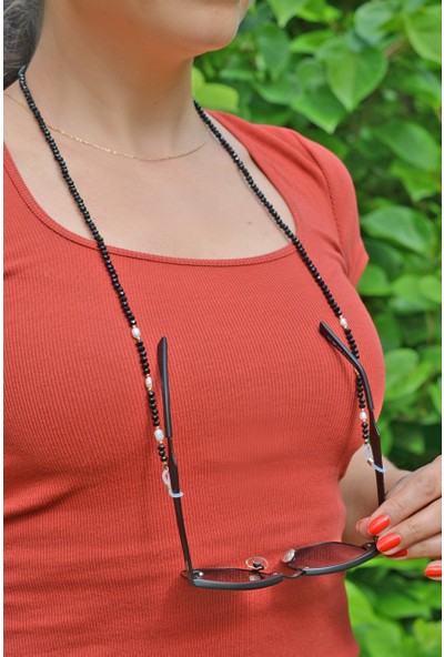 Kristal ve Inci Boncuk Siyah Gözlük Ipi Kristal ve Inci Boncuk Siyah Gözlük Ipi