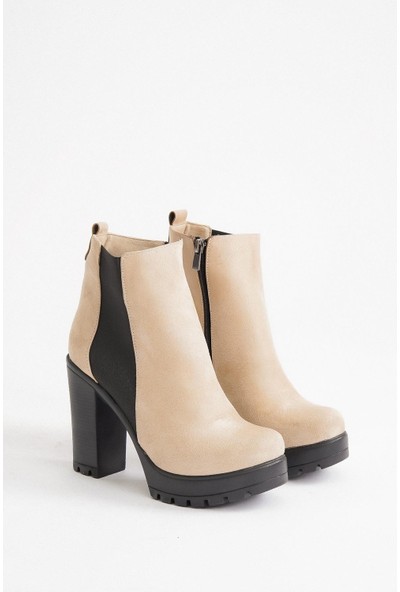 Bayan Bej Doren Süet Fermuarlı Yüksek Topuklu Bot