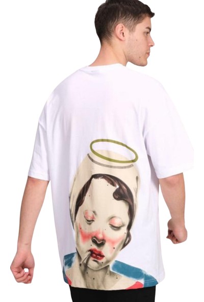 Saw Unisex Oversize %100 Pamuk Bisiklet Yaka Sırt Baskılı T-Shirt Smoking Nun