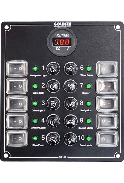 Goldsea Switch Panel 10 Anahtar Voltmetre Soketli Sigorta Paneli Goldsea Switch Panel 10 Anahtar Voltmetre Soketli Sigorta Paneli