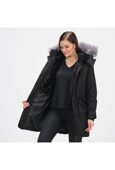 Pique Kadın Kaban Kadın Çıkabilir Kapüşonlu Kürk Astarlı Uzun Kaban