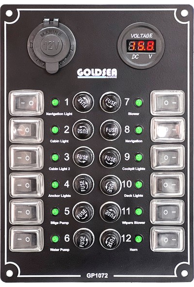 Goldsea Switch Panel 12 Anahtar Şarj - Voltmetre Soketli Sigorta Paneli Goldsea Switch Panel 12 Anahtar Şarj - Voltmetre Soketli Sigorta Paneli