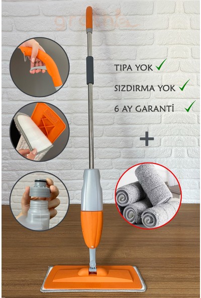 Grothen Grothe Sprey Mop Turuncu + 4 Yedek Mop 700 cc Su Haznesi Üretici Garantili 360 Derece Dönen Başlık Grtsm-02