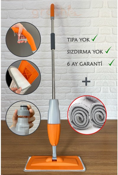 Sprey Mop Turuncu + 2 Yedek Mop (Üretici Garantili) 700 cc Su Haznesi 360 Derece Dönen Başlık