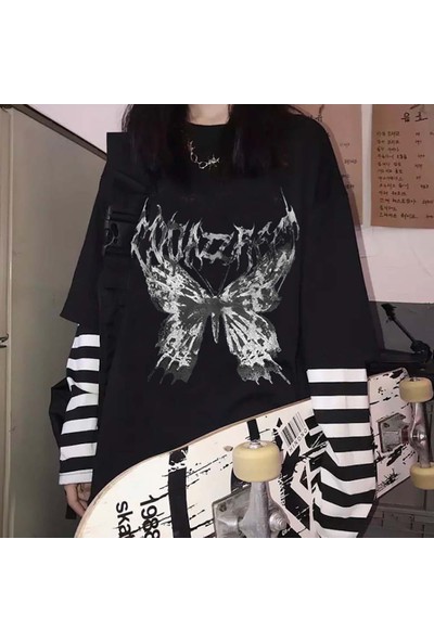 Köstebek Harajuku Butterfly Siyah Çizgili Kollu (Unisex) T-Shirt Köstebek Harajuku Butterfly Siyah Çizgili Kollu (Unisex) T-Shirt