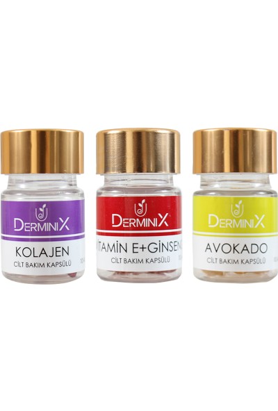 Derminix 3'lü Cilt Bakım Kampsül Seti / Avokado Kapsül + E Vitamini Ginseng Kapsül + Kolajen C Kapsül Derminix 3'lü Cilt Bakım Kampsül Seti / Avokado Kapsül + E Vitamini Ginseng Kapsül + Kolajen C Kapsül