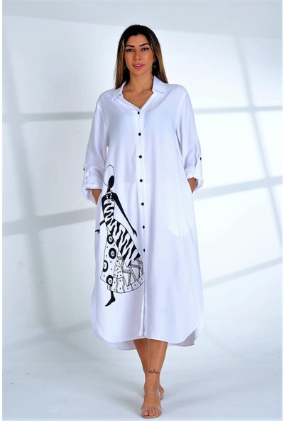 Keyifli Moda Kadın Beyaz Gömlek Yaka Kadın Desenli Cepli Oversize Gömlek Elbise Keyifli Moda Kadın Beyaz Gömlek Yaka Kadın Desenli Cepli Oversize Gömlek Elbise
