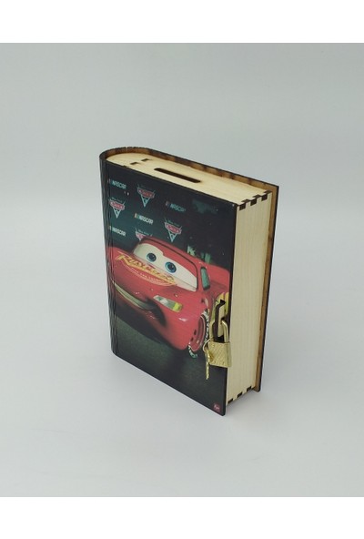 Otantik Depo Kilitli Şimşek Mcqueen  baskılı Ahşap Kumbara Otantik Depo Kilitli Şimşek Mcqueen  baskılı Ahşap Kumbara