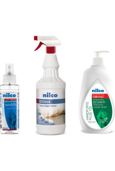 Nilco Hijyen Paketi 100ML Dezenfektan, 800ML Ortam Dezenfektanı, 750ML Anti Bakteriyel Sabun