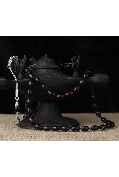 İpek Silver Gümüş Ayyıldız Püsküllü Kırmızı Siyah Sıkma Kehribar Tesbih