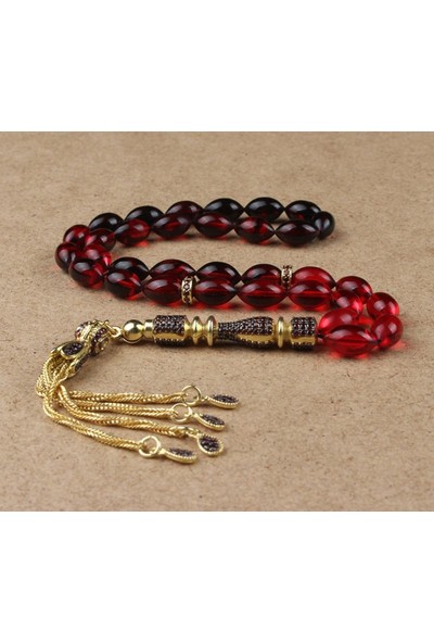 İpek Silver Zirkon Taşlı Altın Kaplama Imameli Kehribar Tesbih