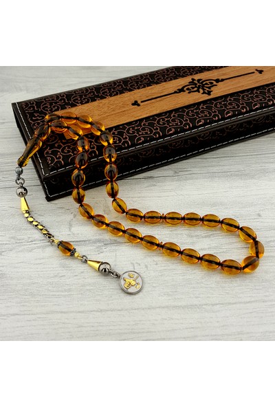 İpek Silver Gümüş Tuğra Püsküllü Arpa Kesim Ateş Kehribar Tesbih